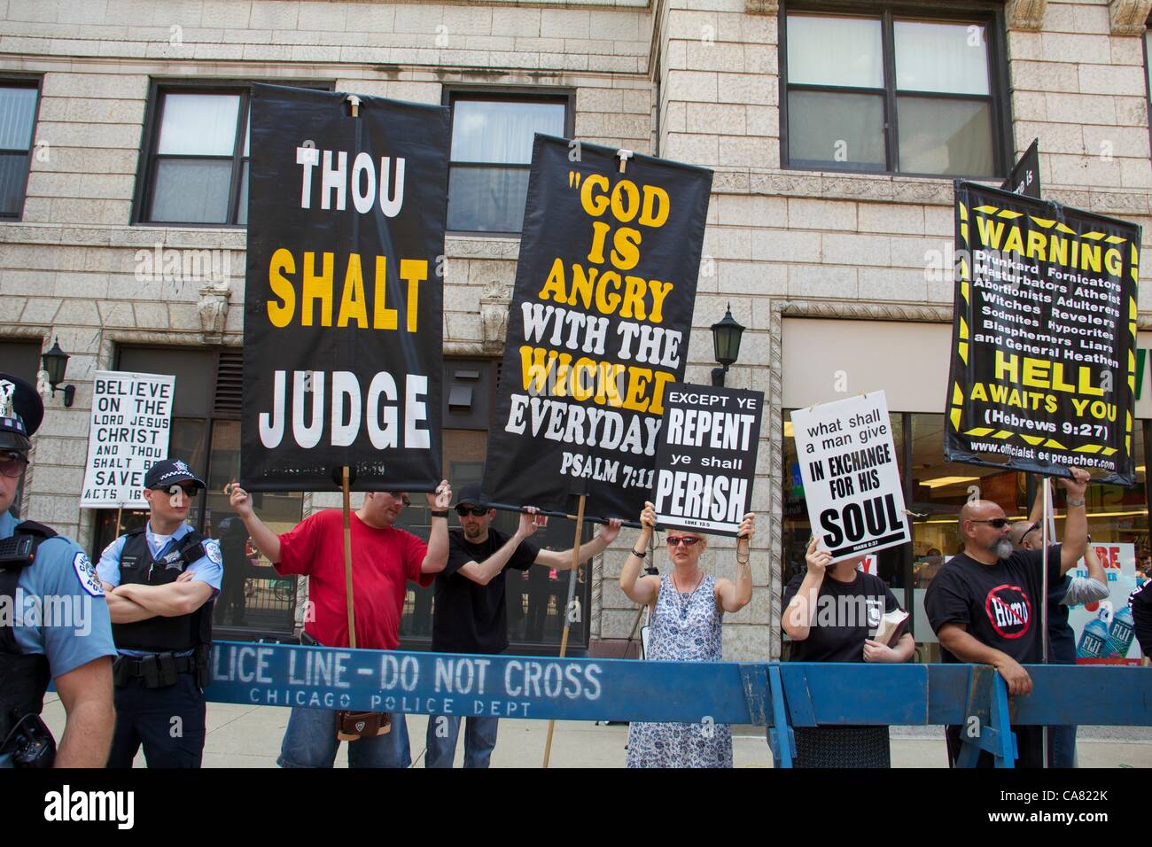 Chicago, Illinois, USA, 24th, June, 2012. Religious protesters line the ...