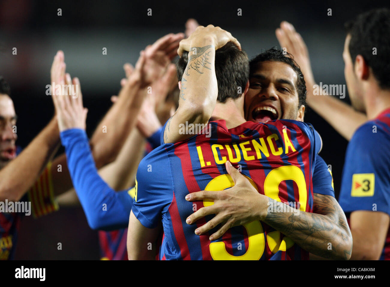 02.12.2011. Barcelona's Isaac Cuenca celebrates scoring a goal with ...