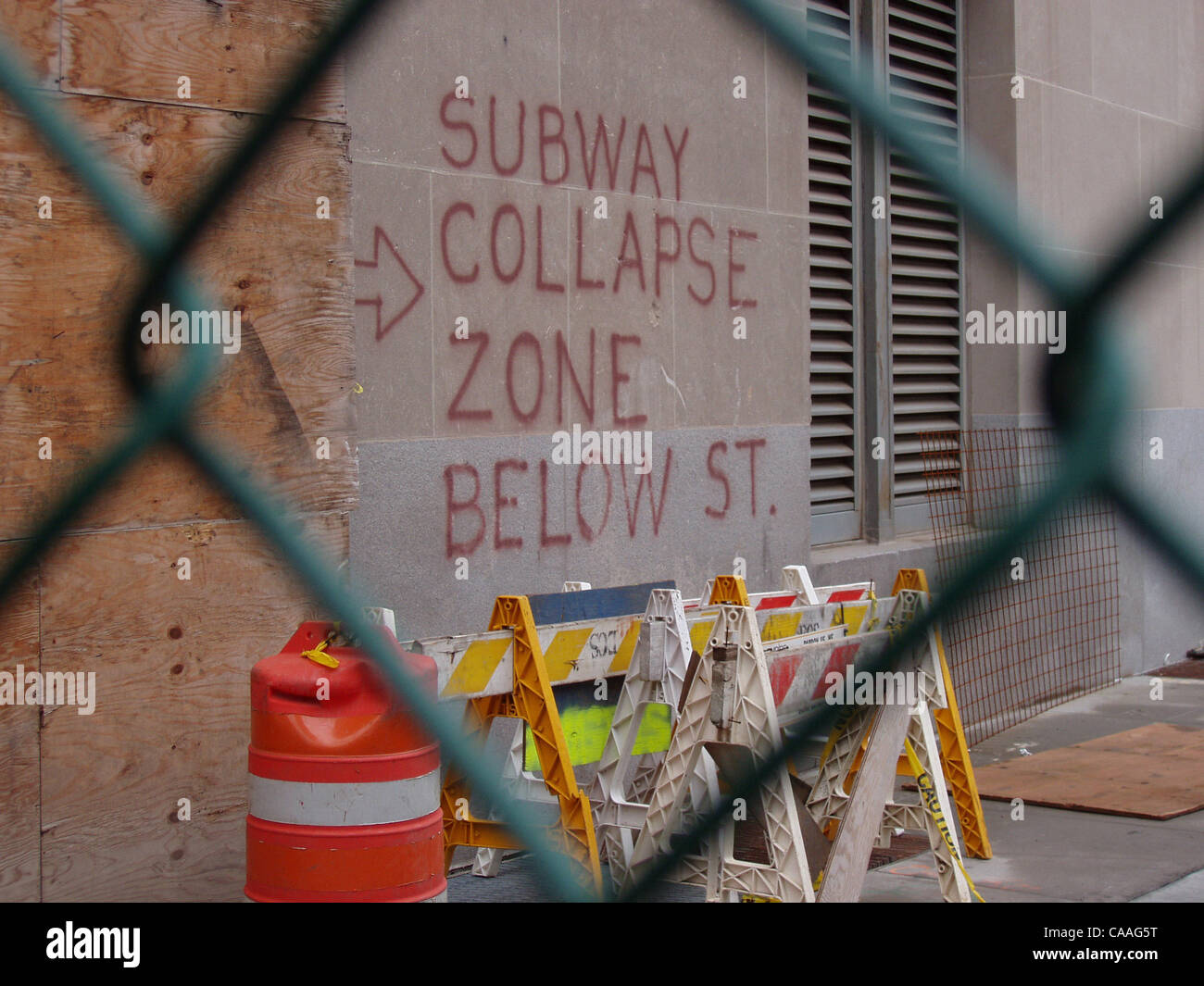 May 09, 2003; New York, NY, USA; 'Subway collapse zone' painted on a ...