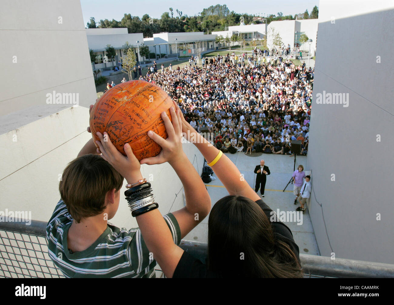 The seventh grade team of JAKE HARDING and SHIORI WADA (cq) throw their pumkin. They won the ...