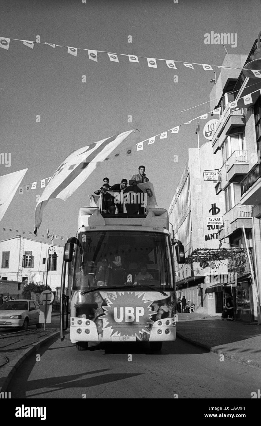 An election campaign bus of the governing UBP party in Lefkosa/Nicosia ...