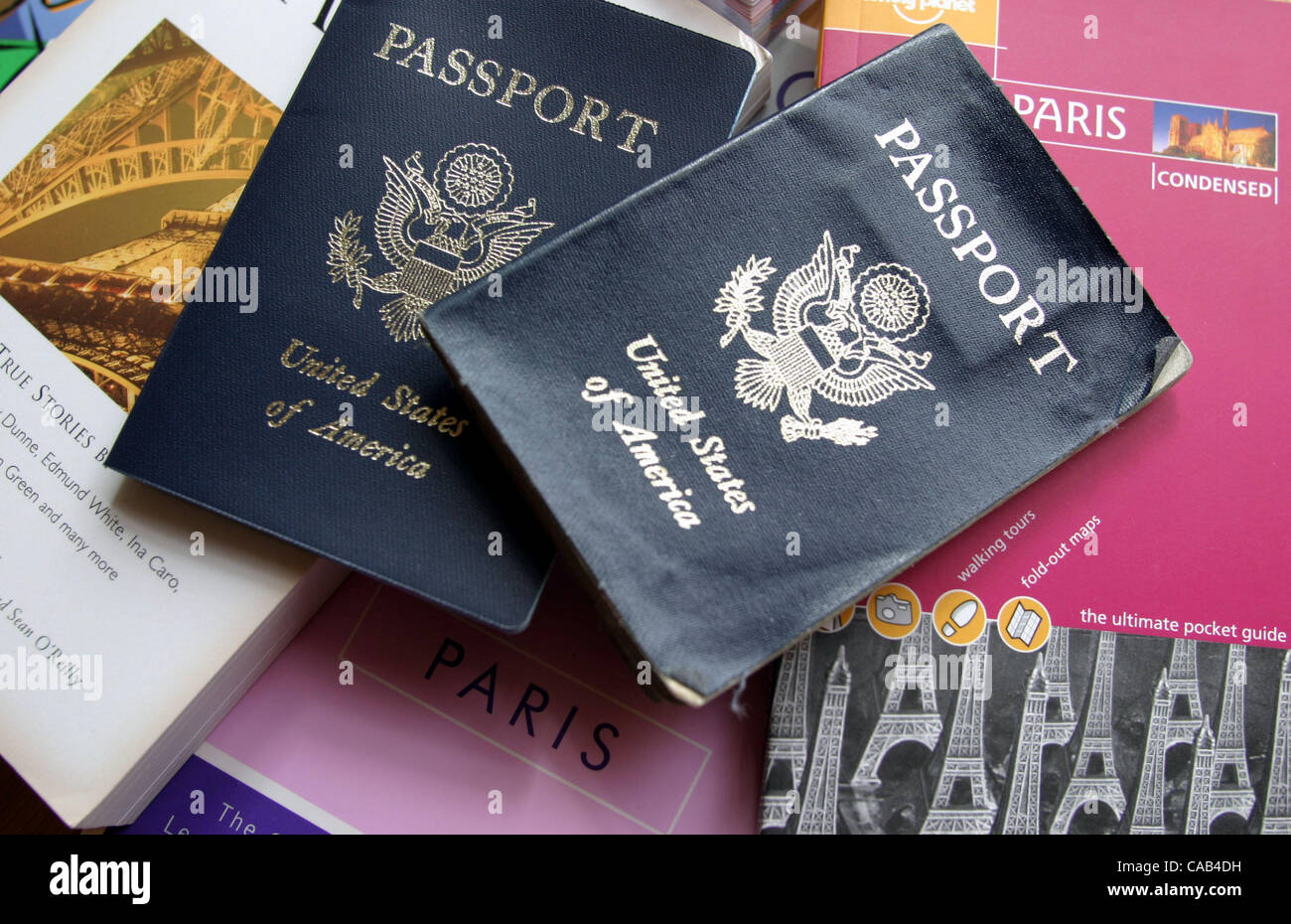 Jun 13, 2004; Los Angeles, CA, USA; American passport with travel books ...