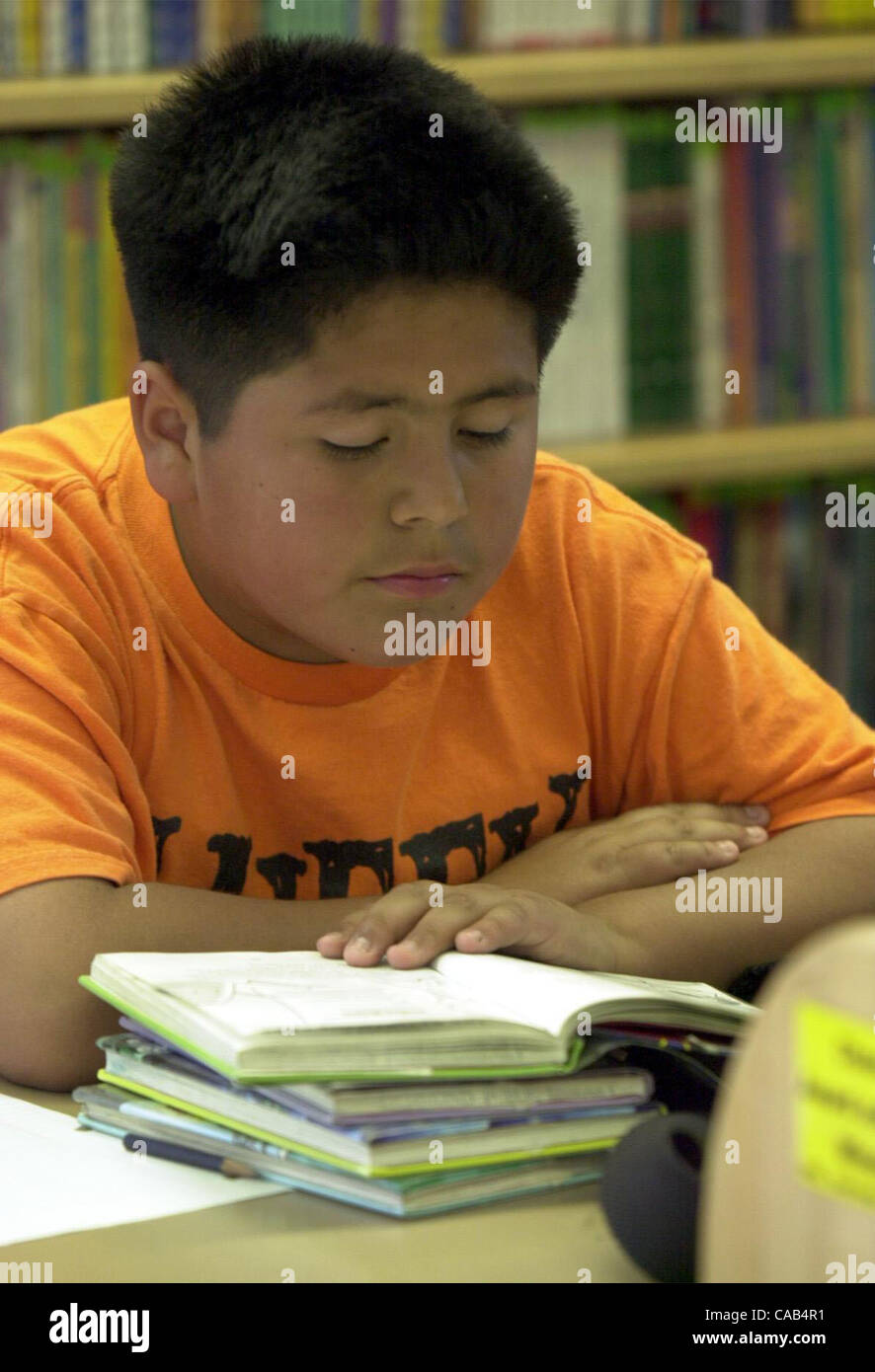 Jose Parra, 10, reads through his homework in the children's section at ...