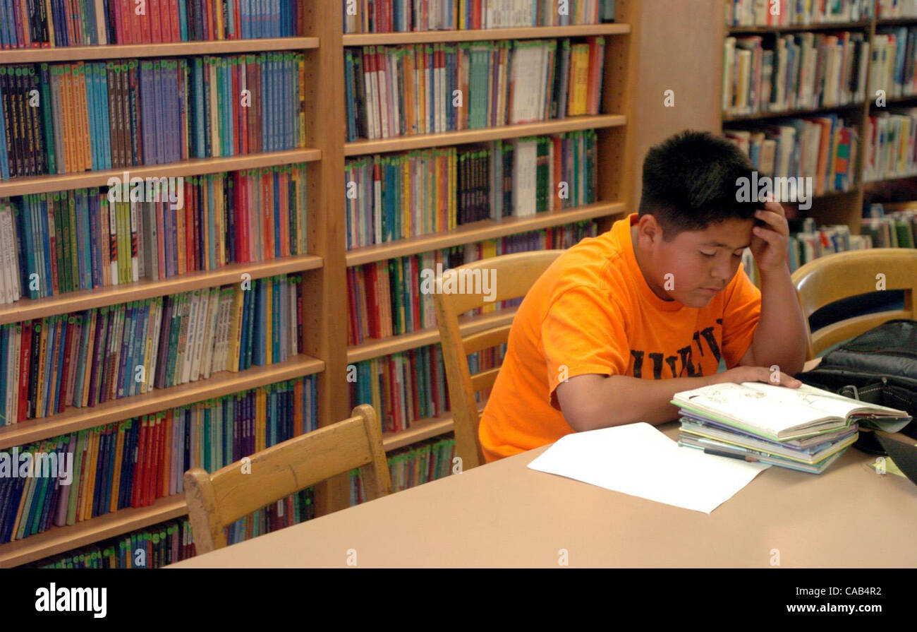 Jose Parra, 10, reads through his homework in the children's section at ...