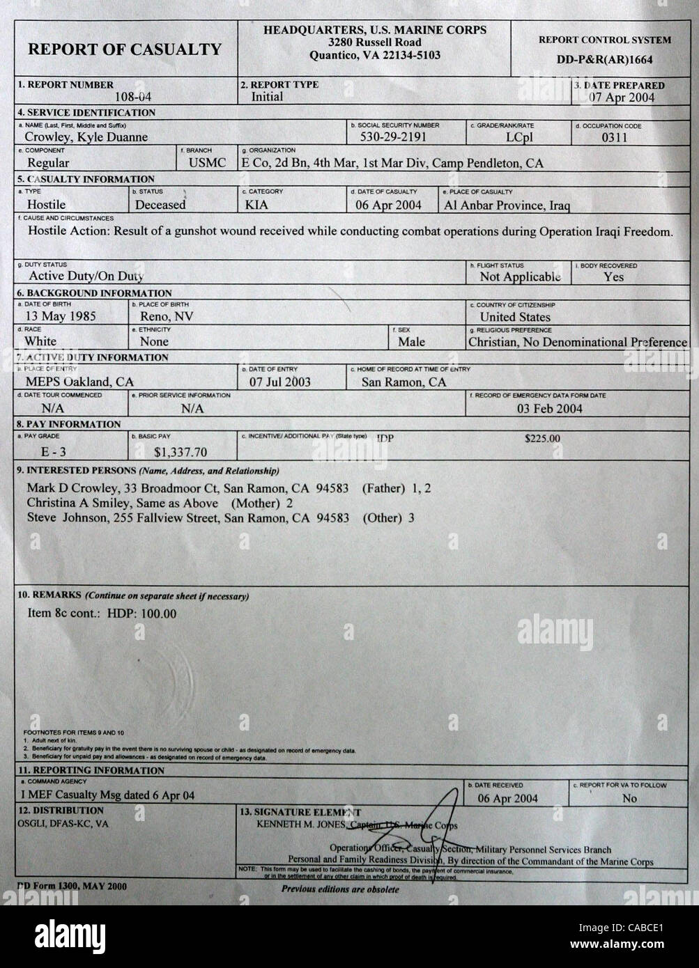 Report of Casualty from the USMC photographed at the home of Mark ...