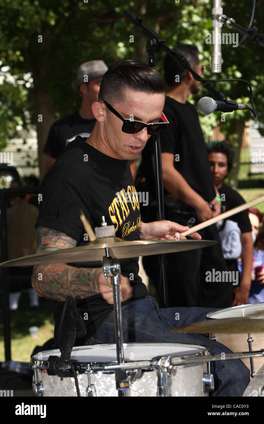 Drummer Kyle Helm of the Rockabilly group 3 Bad Jacks perform at the ...