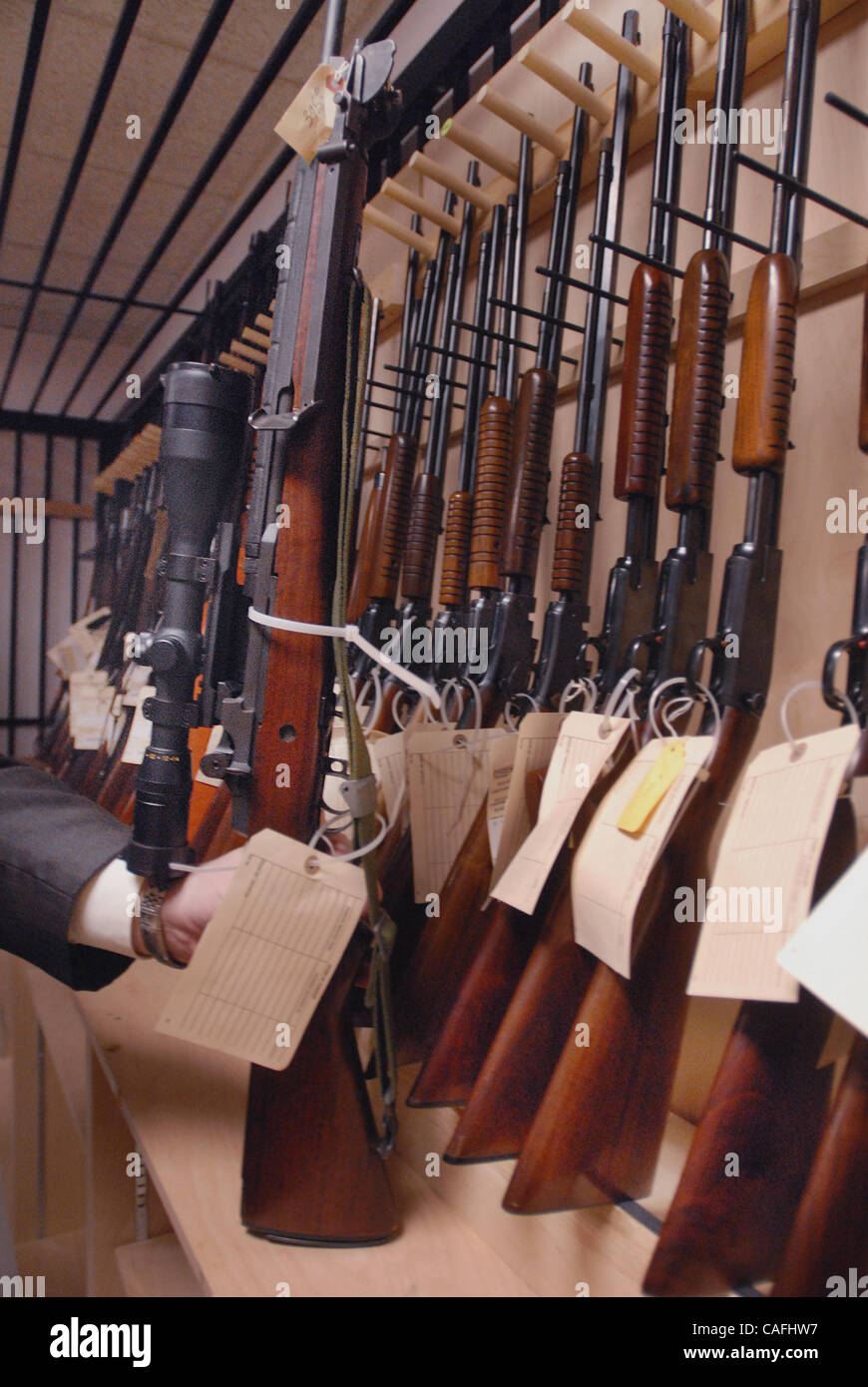 Confiscated firearms are shown at a Department of Justice vault in ...