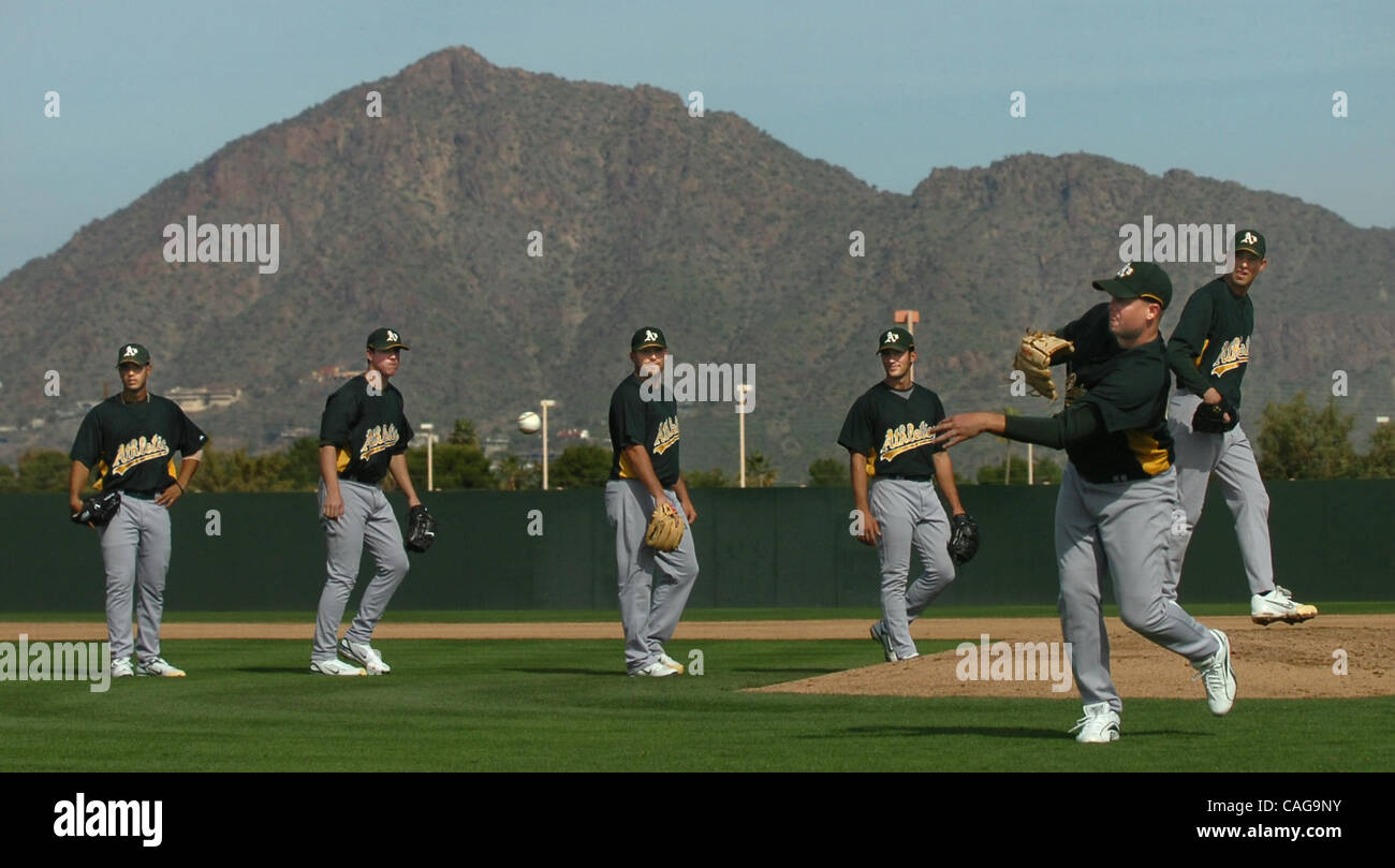 Oakland A's pitchers work on fielding bunts during Spring Training at ...
