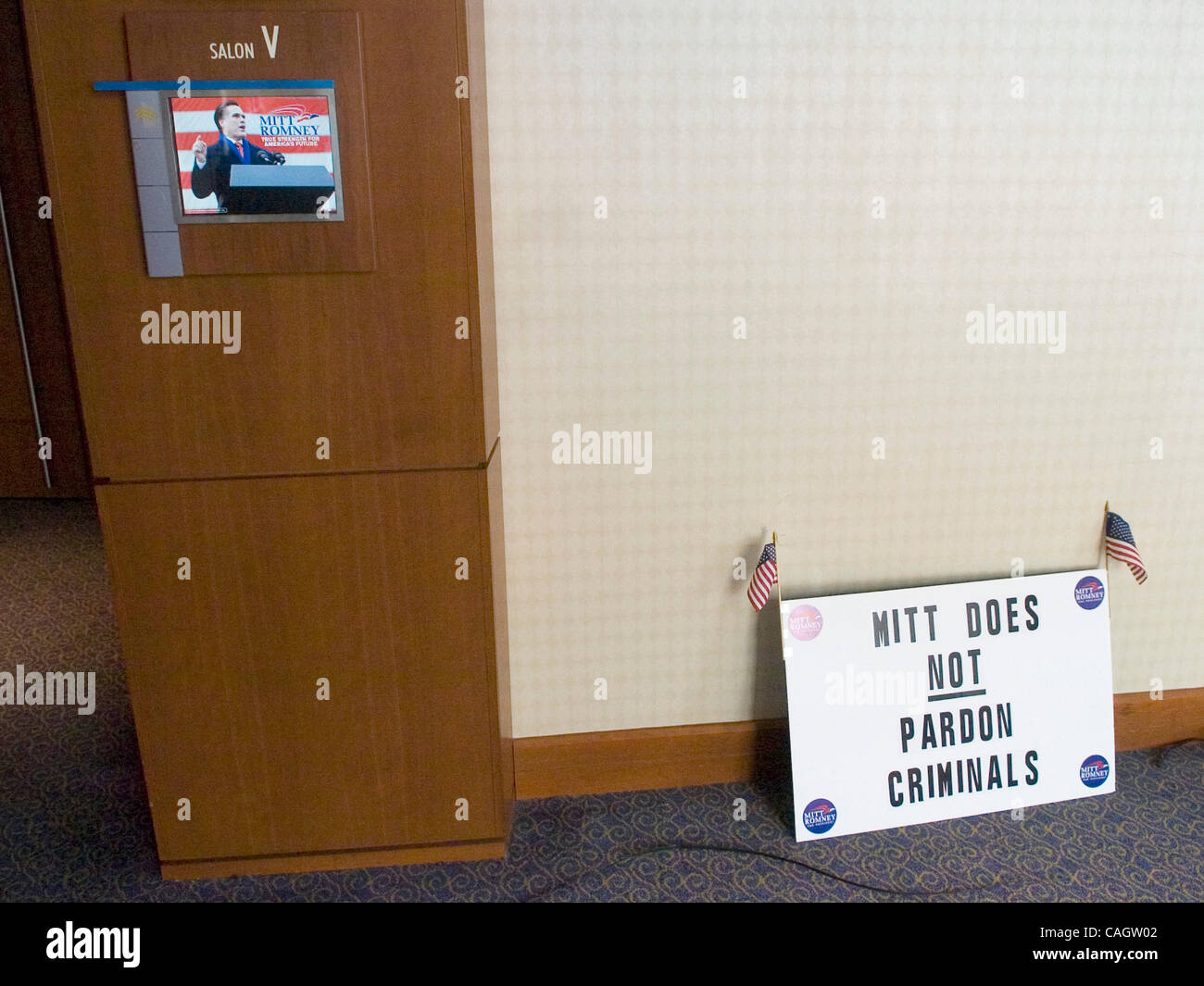 A sign remains outside a hotel ballroom after Republican presidential ...