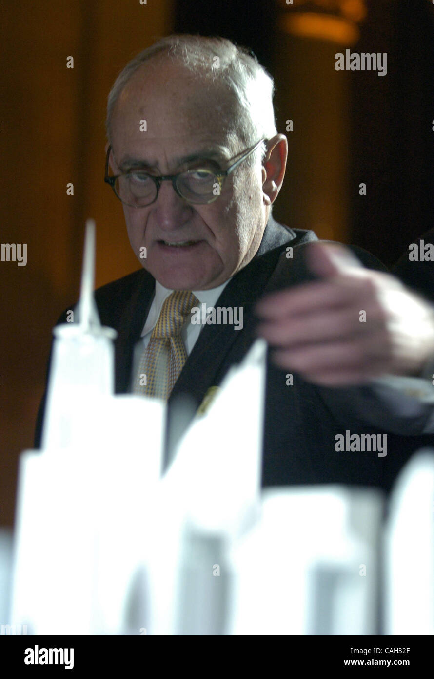 Architect Robert A.M. Stern looks over a model of lower Manhattan ...