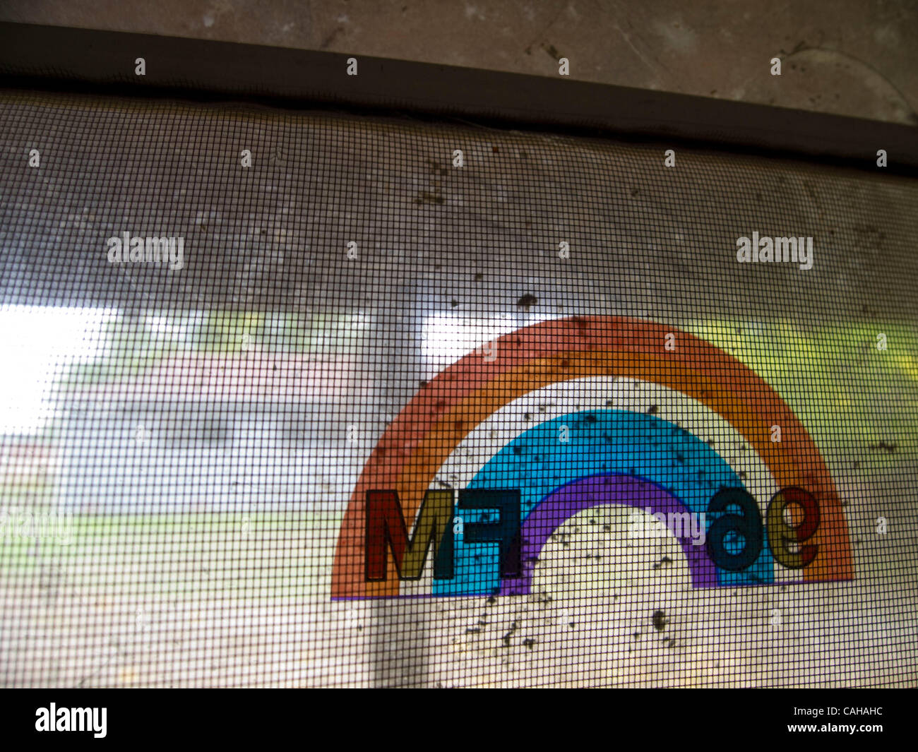 Decals on the window frame of a foreclosed house in Madera, California ...