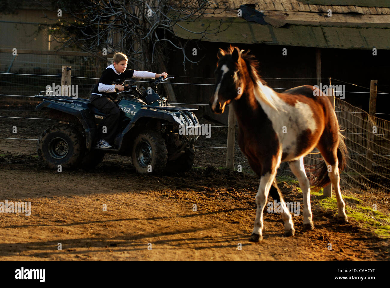 Troy Crowell (cq, 12) smooths out a paddock by dragging a chain harrow ...