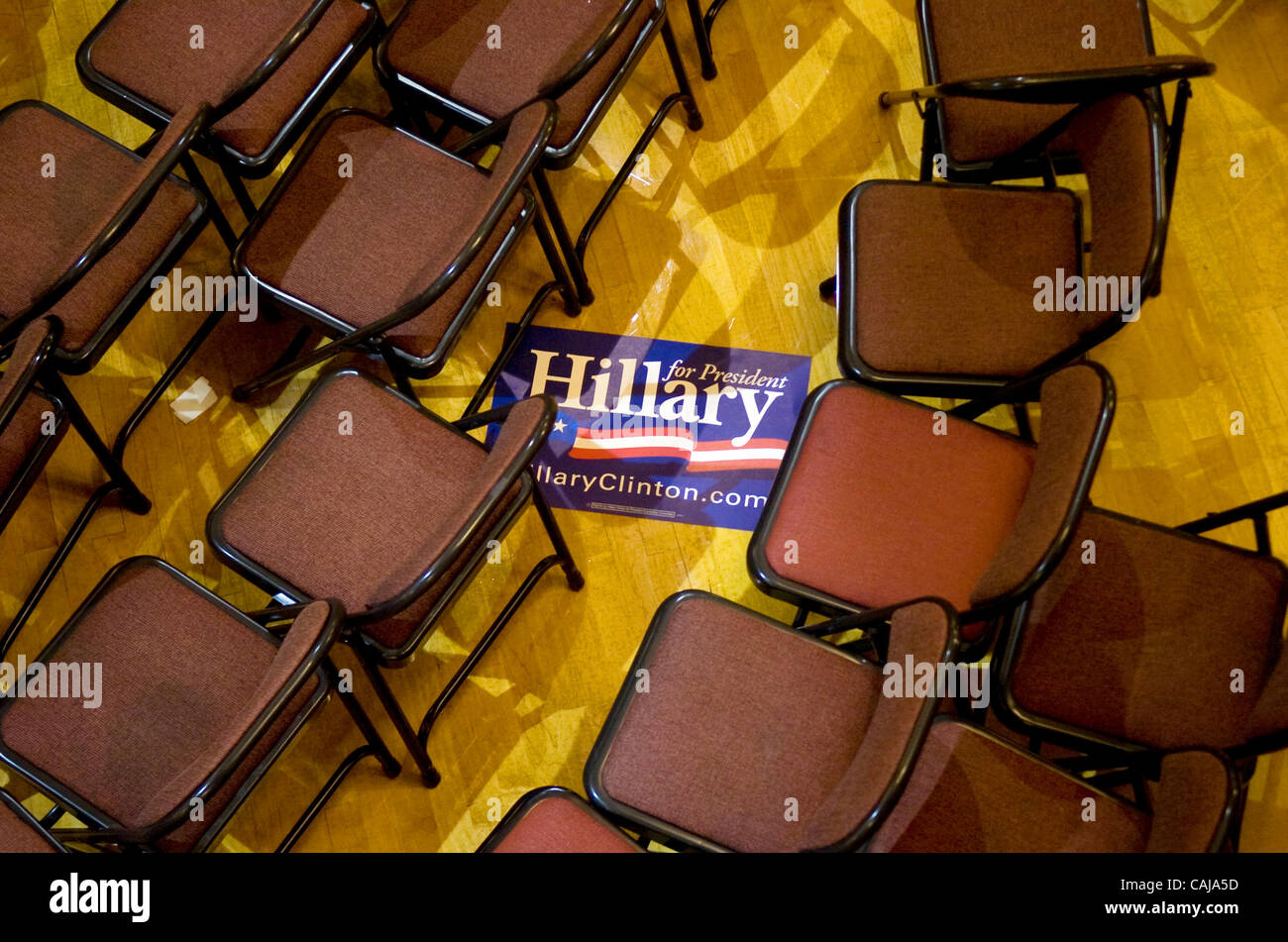 A campaign signs sits on the floor after President Bill Clinton ...