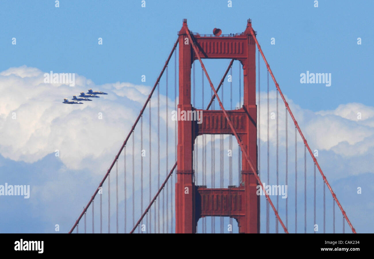 The Blue Angels fly by the Golden Gate Bridge during a practice run ...