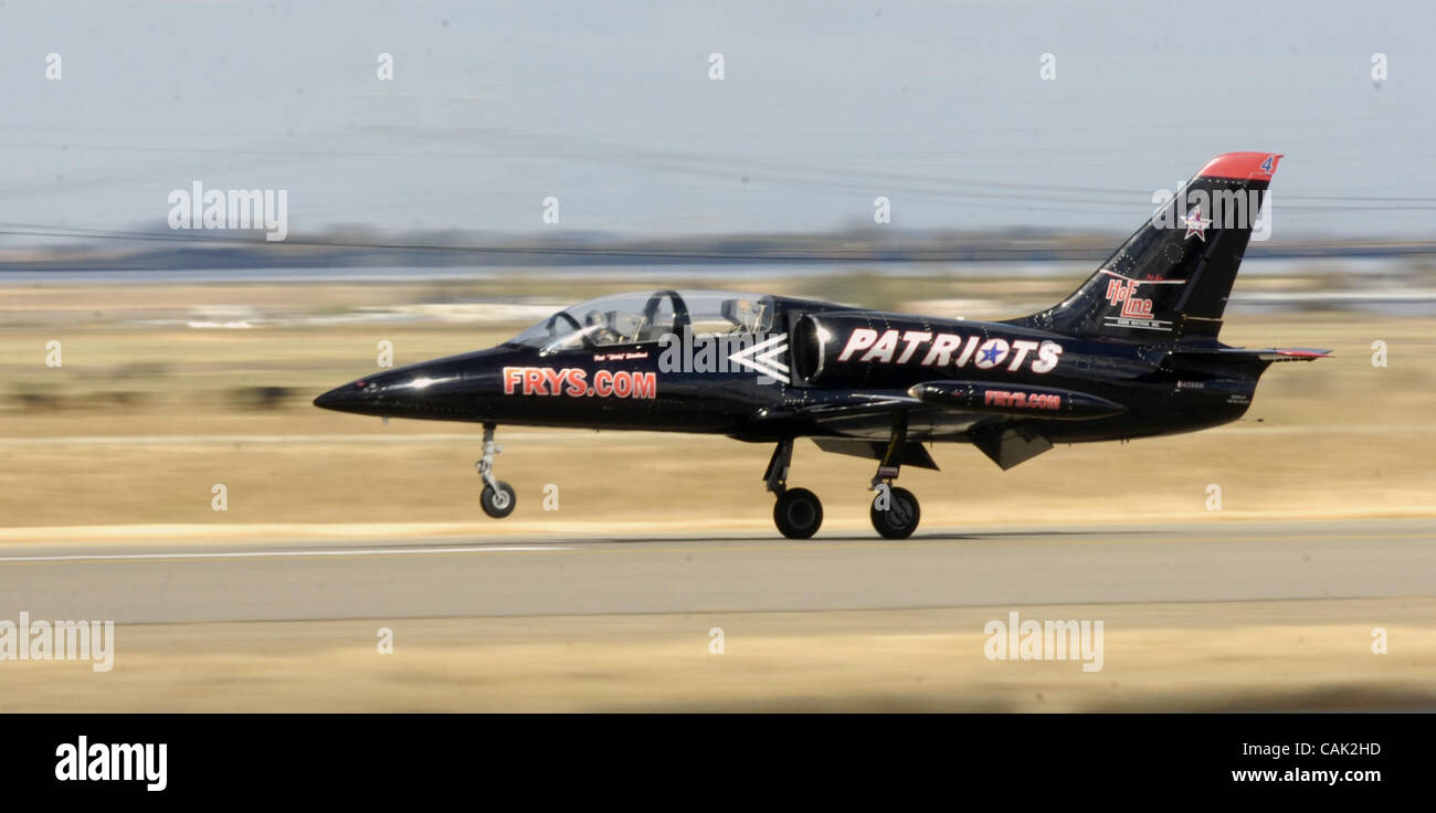 One of the Patriot Jet flying team lands at the Byron Airport, in Byron ...
