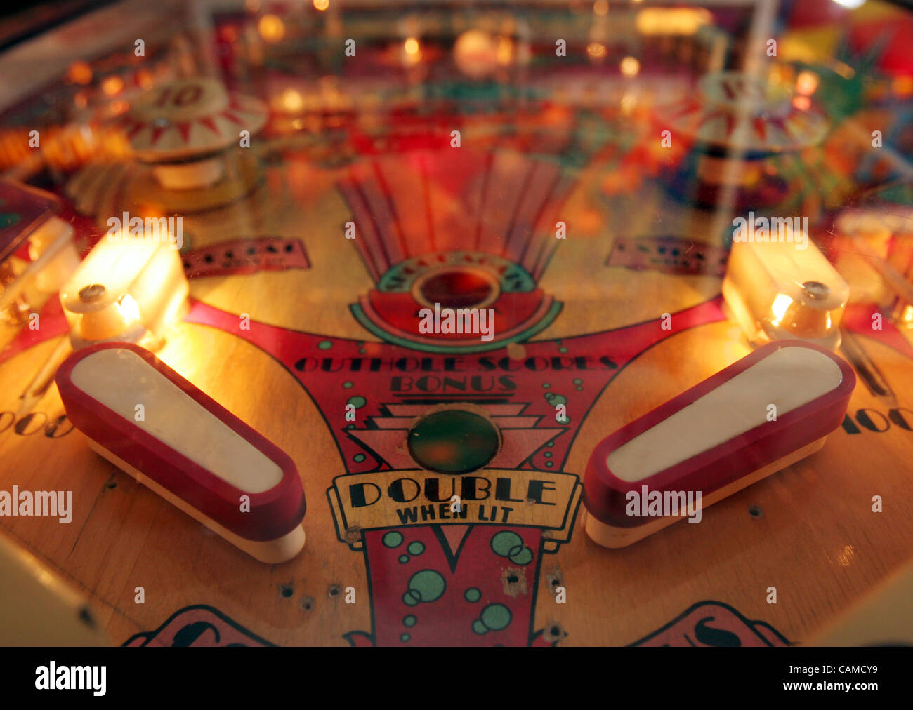 Flippers on a pinball game at the Lucky Ju Ju Pinball arcade in Alameda ...