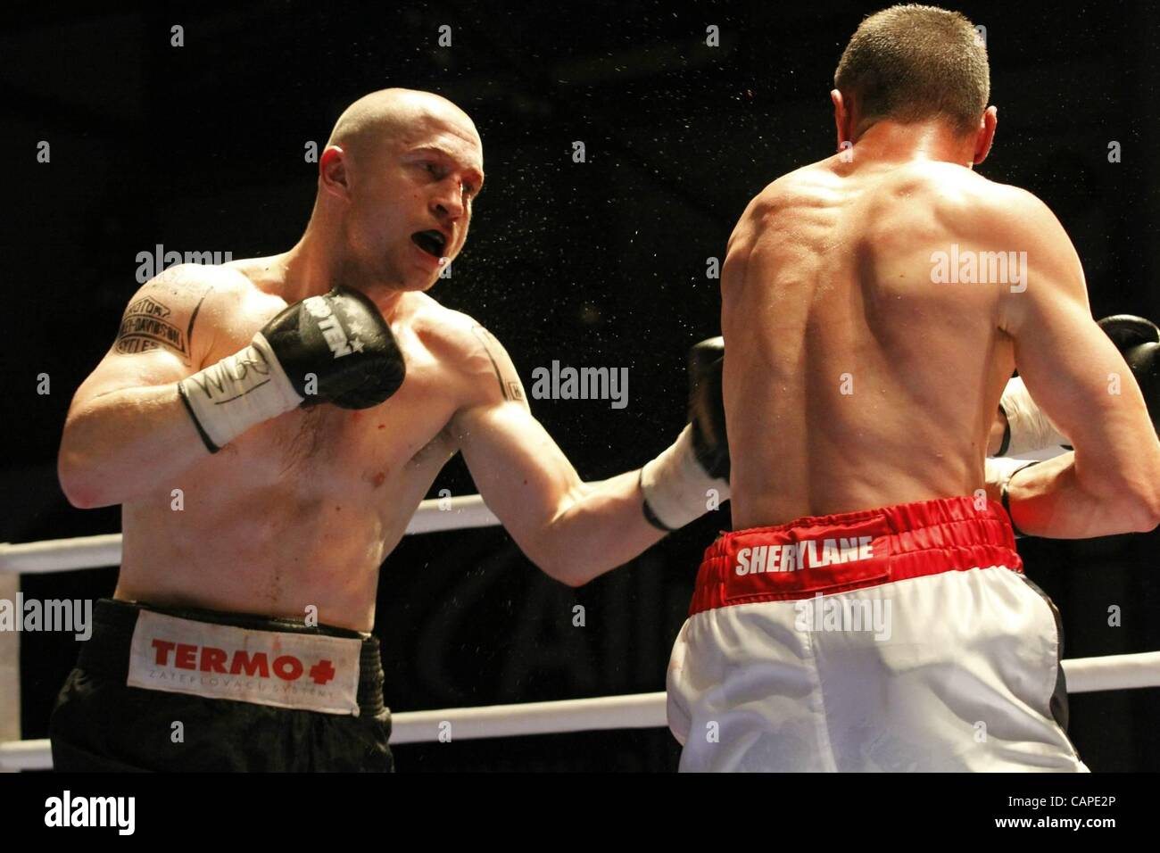 Czech boxer Lukas Konecny (left) and french boxer Salim Larbi during ...