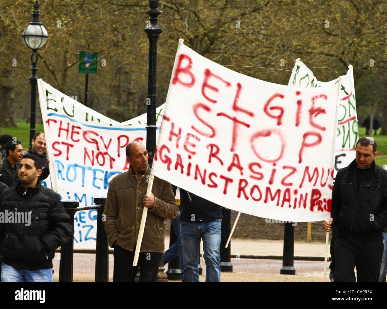 London, UK. 08/04/2012. Protesters carry banners to Hyde Park Corner ...