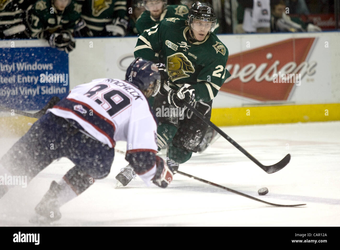 London Ontario, Canada - April 9, 2012. Tyler Ferry (21) of the London ...