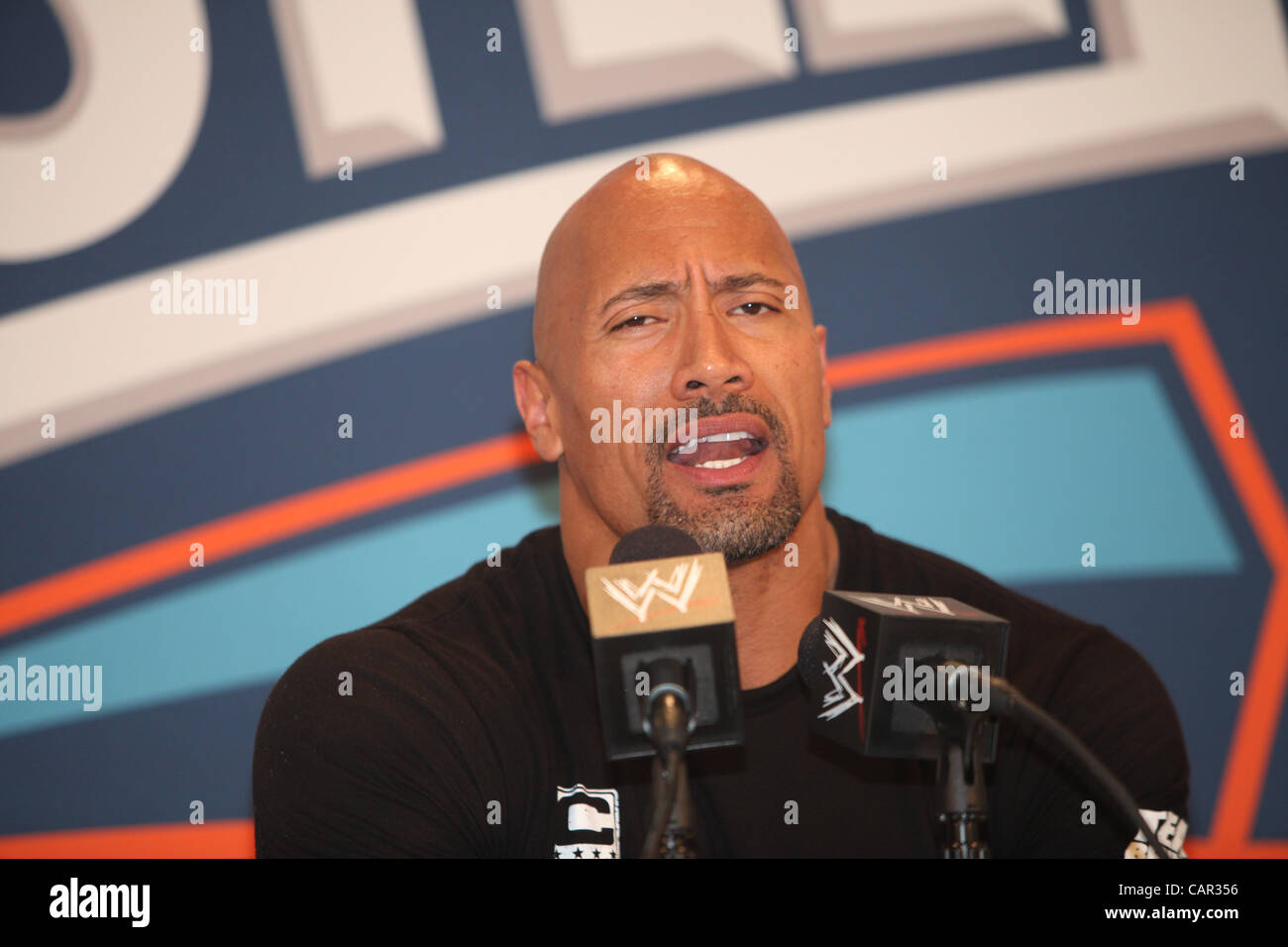 WWE Superstar and actor, Dwayne "The Rock" Johnson speaks to the media ...