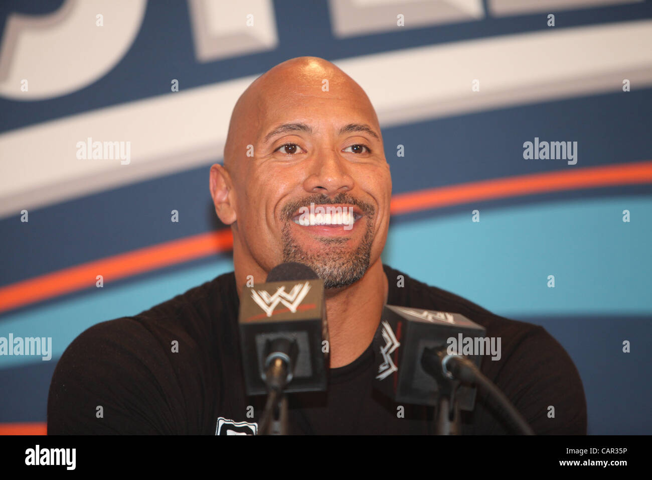 WWE Superstar and actor, Dwayne "The Rock" Johnson speaks to the media ...