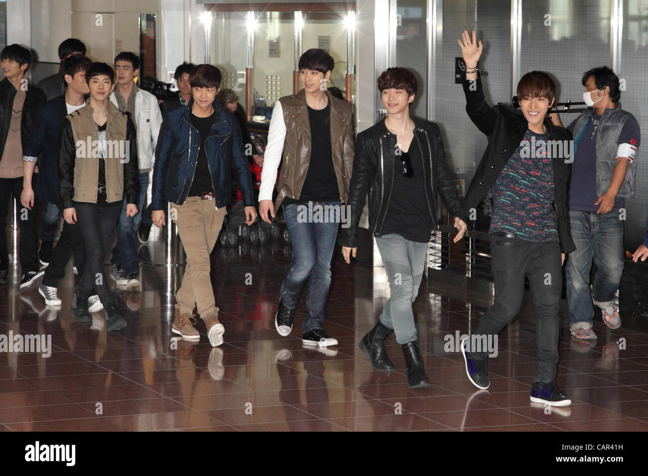 April 10, 2012, Tokyo, Japan - Korean pop group '2PM 2AM' arrives at Haneda International ...
