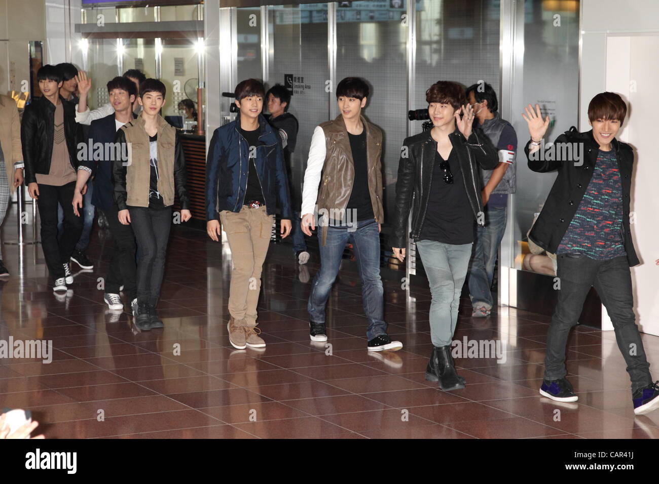 April 10, 2012, Tokyo, Japan - Korean pop group '2PM 2AM' arrives at Haneda International ...