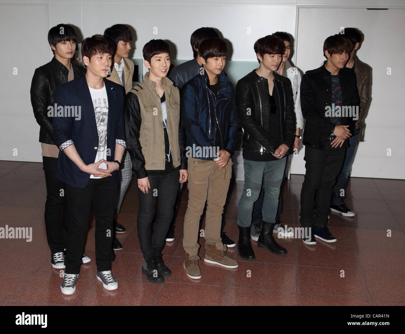 April 10, 2012, Tokyo, Japan - Korean pop group '2PM 2AM' arrives at Haneda International ...