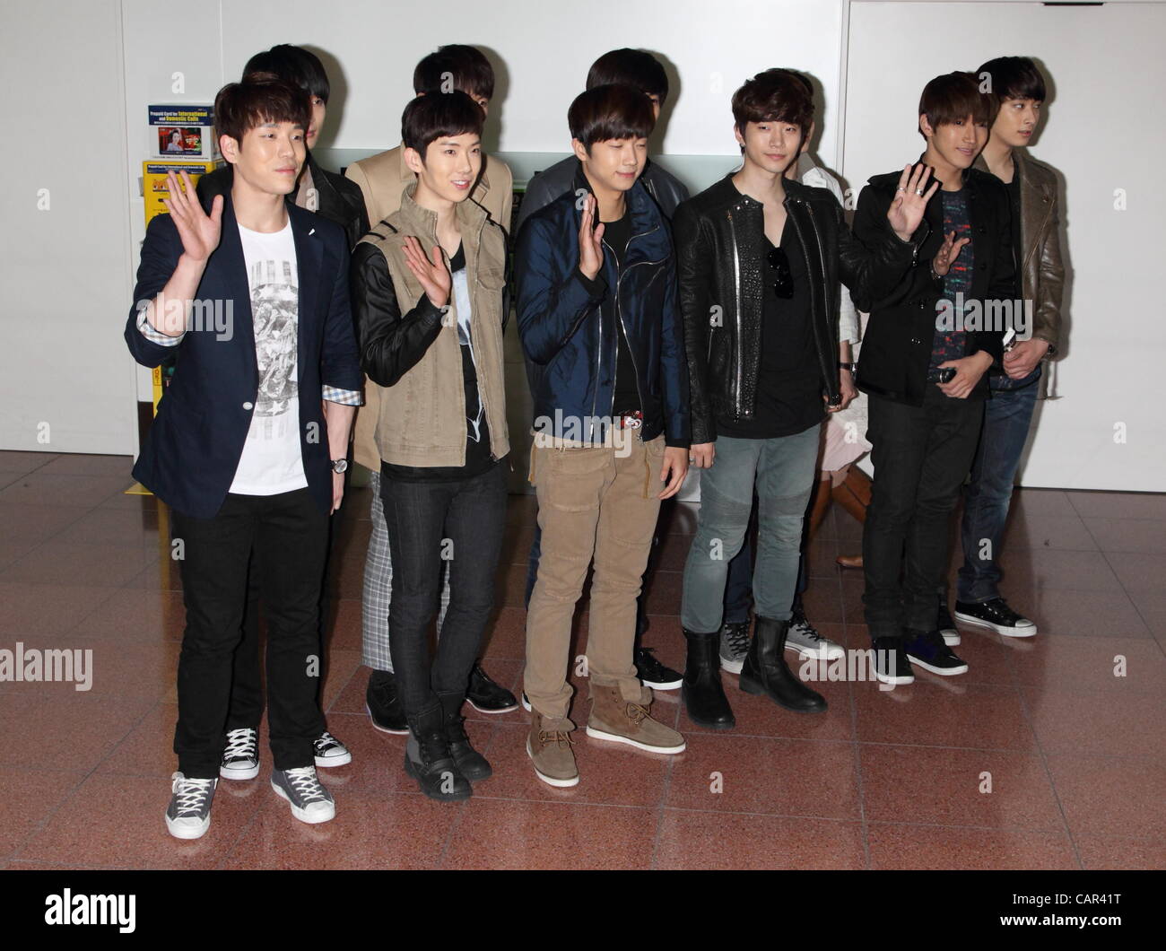 April 10, 2012, Tokyo, Japan - Korean pop group '2PM 2AM' arrives at Haneda International ...