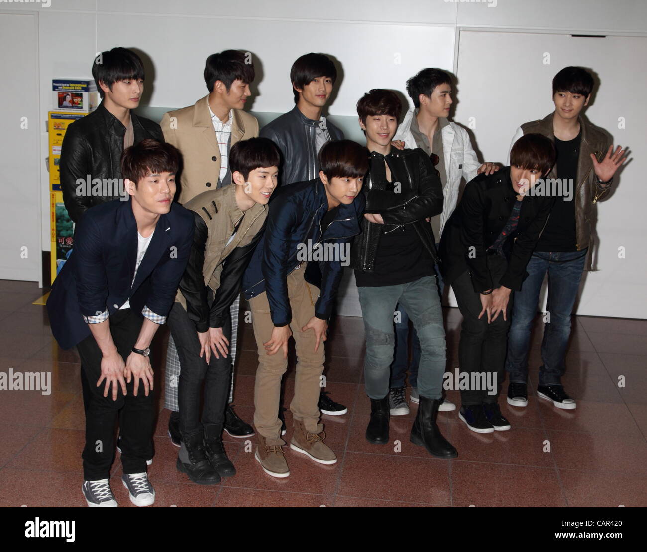 April 10, 2012, Tokyo, Japan - Korean pop group '2PM 2AM' arrives at Haneda International ...