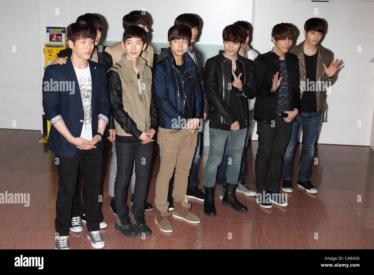 April 10, 2012, Tokyo, Japan - Korean pop group '2PM 2AM' arrives at Haneda International ...