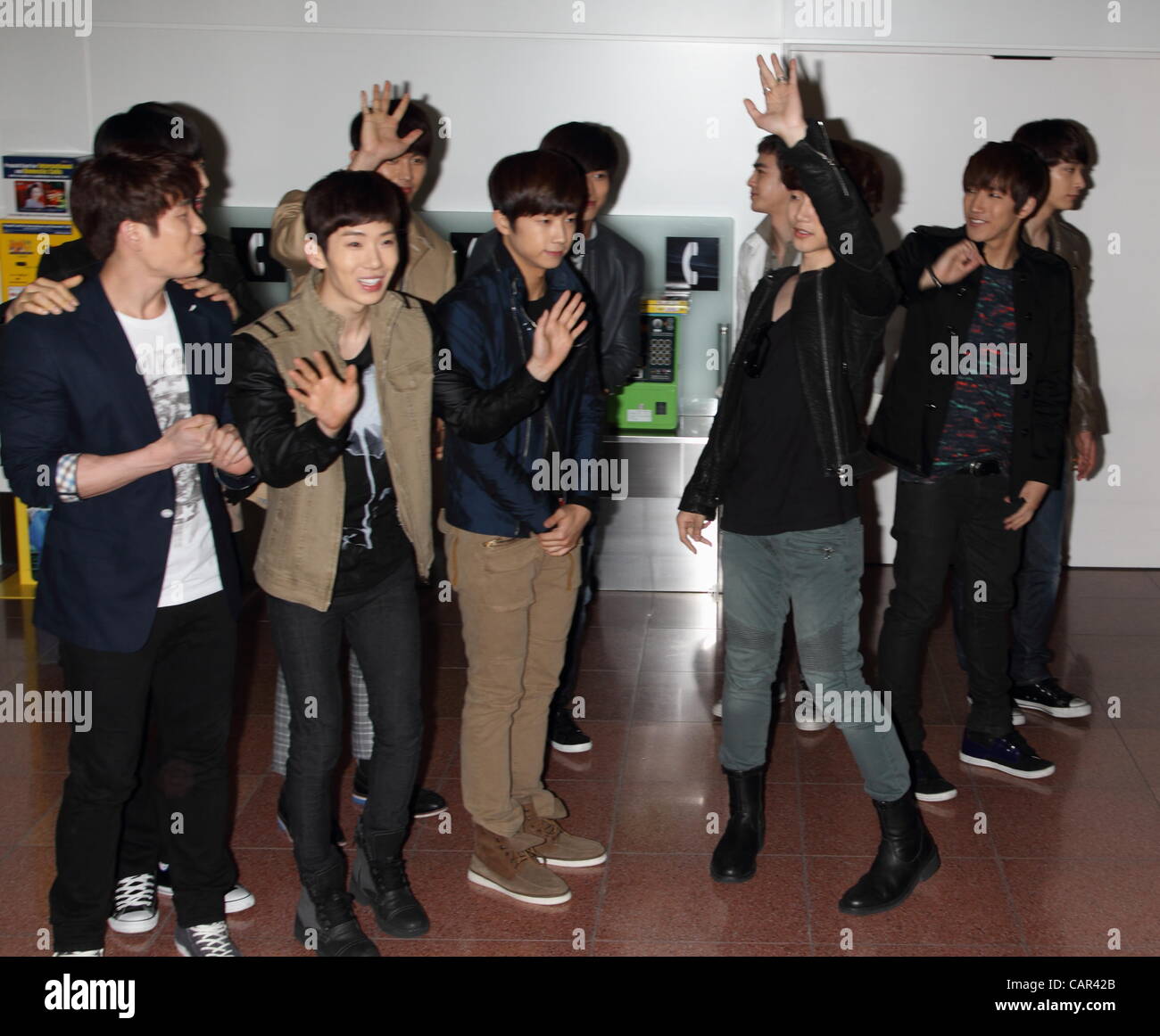 April 10, 2012, Tokyo, Japan - Korean pop group '2PM 2AM' arrives at Haneda International ...