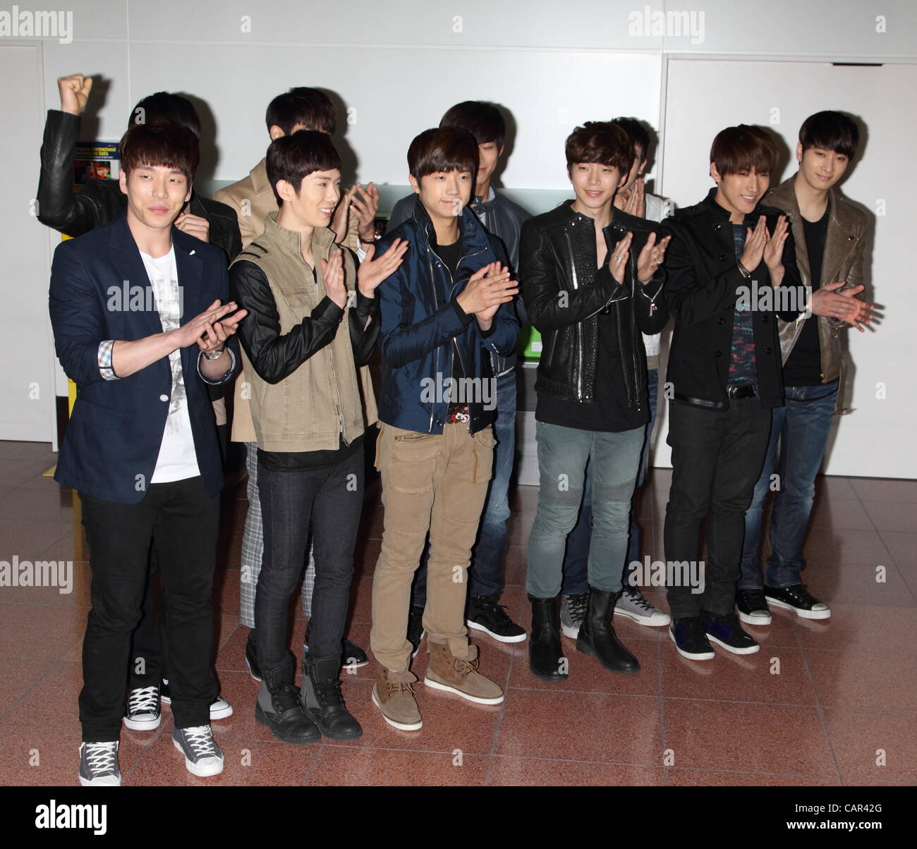 April 10, 2012, Tokyo, Japan - Korean pop group '2PM 2AM' arrives at Haneda International ...