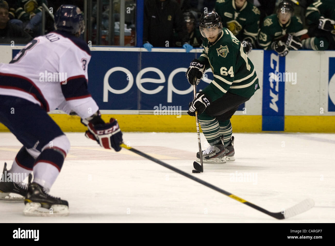 London Ontario, Canada - April 13, 2012. Ryan Rupert (64) of the London ...