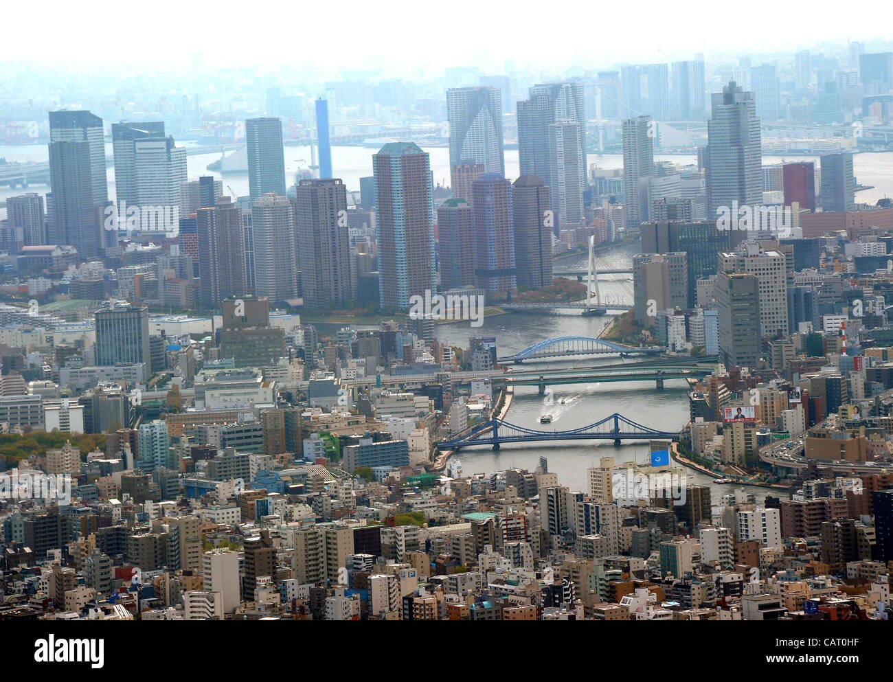 April 17, 2012, Tokyo, Japan - High-rise riverside apartment buildings ...