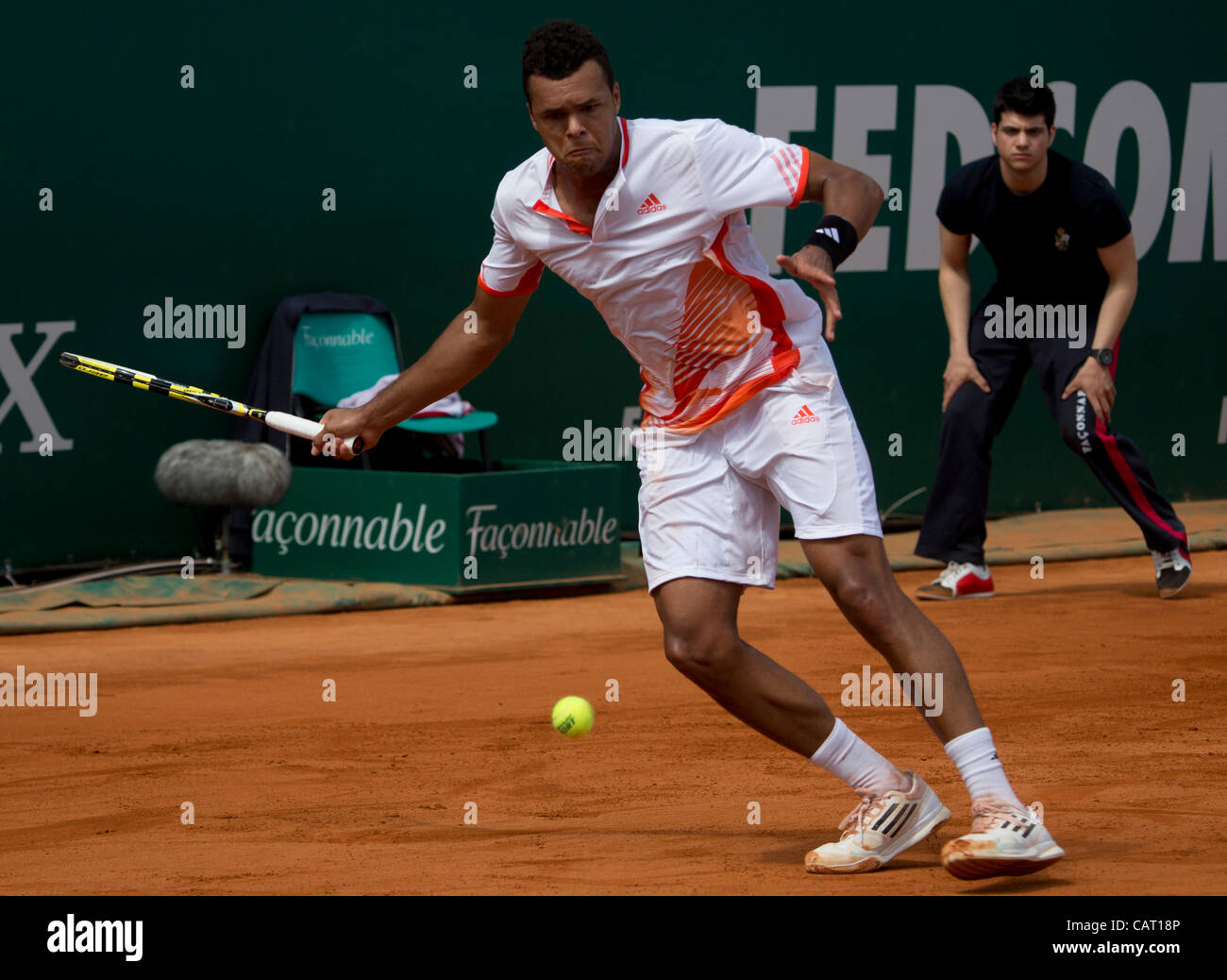 17/04/2012 Monte Carlo, Monaco. Jo-Wilfried Tsonga (FRA) in action during the second round match ...