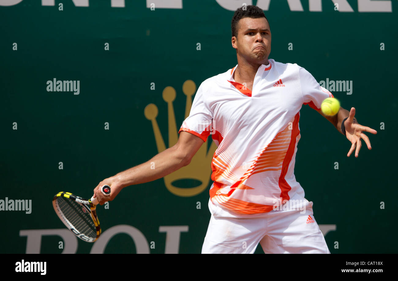 17/04/2012 Monte Carlo, Monaco. Jo-Wilfried Tsonga (FRA) in action during the second round match ...