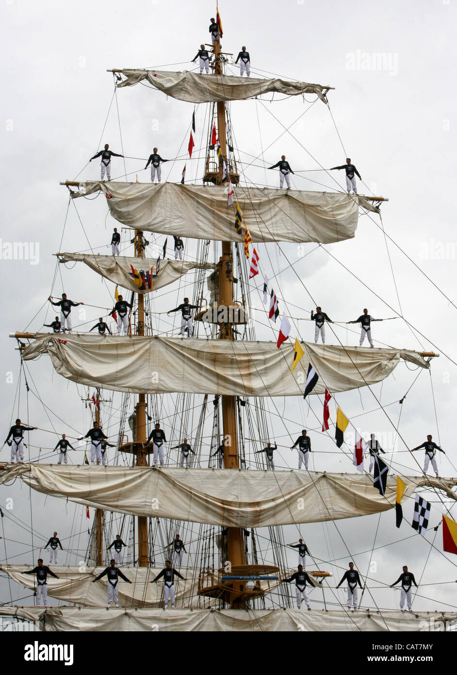 Ecuadorian sailors of the Ecuadorian tall ship BAE Guayas man the ...