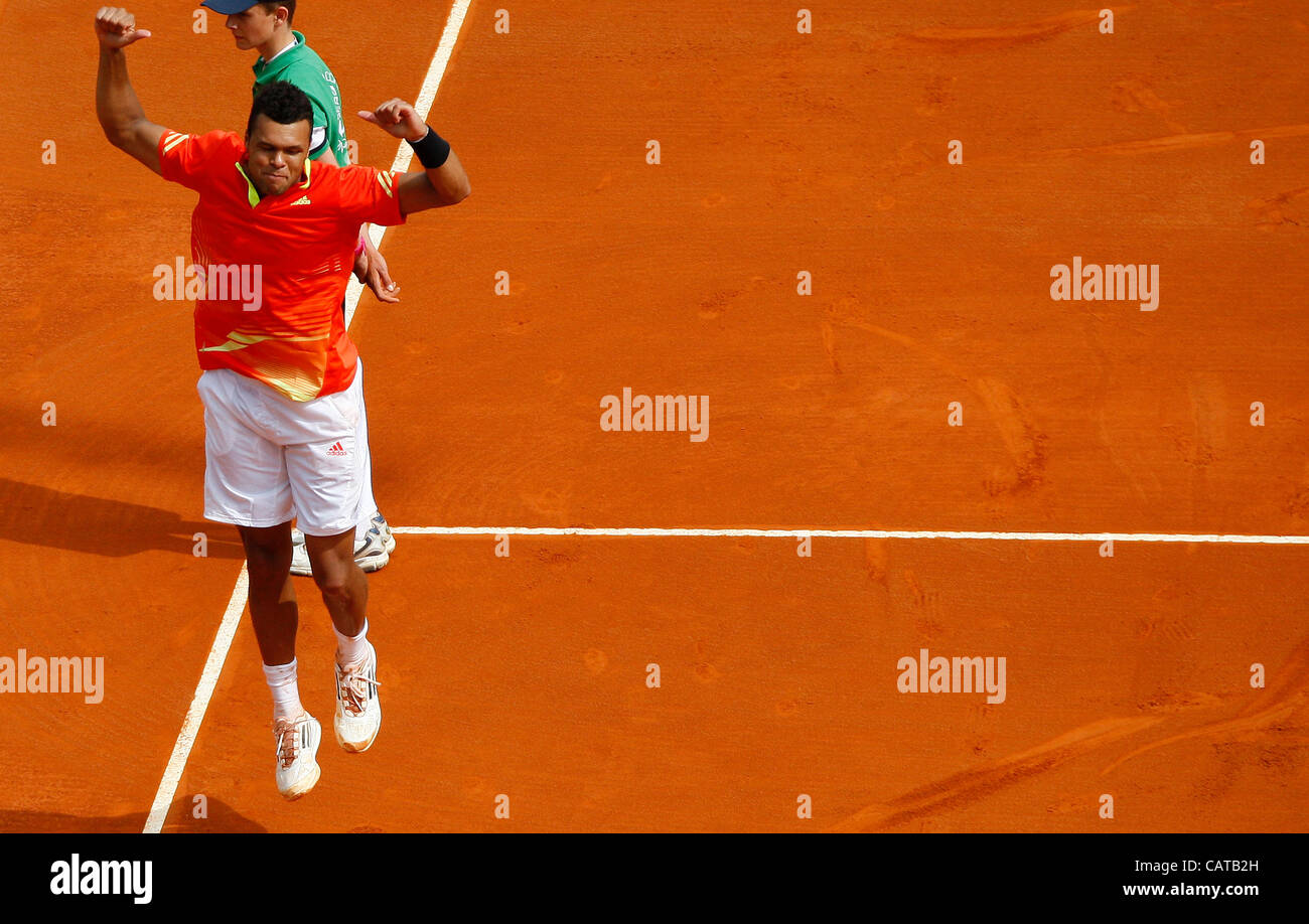 19.04.2012 Monte Carlo, Monaco. World number five Jo-Wilfried Tsonga is in action against ...
