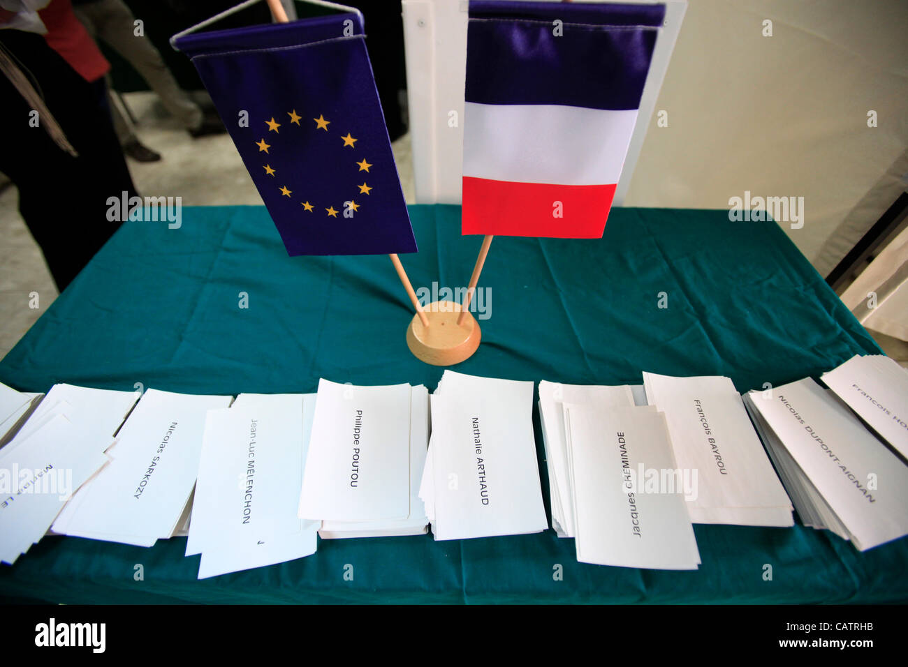 French voting ballots is pictured in a voting station at the French ...
