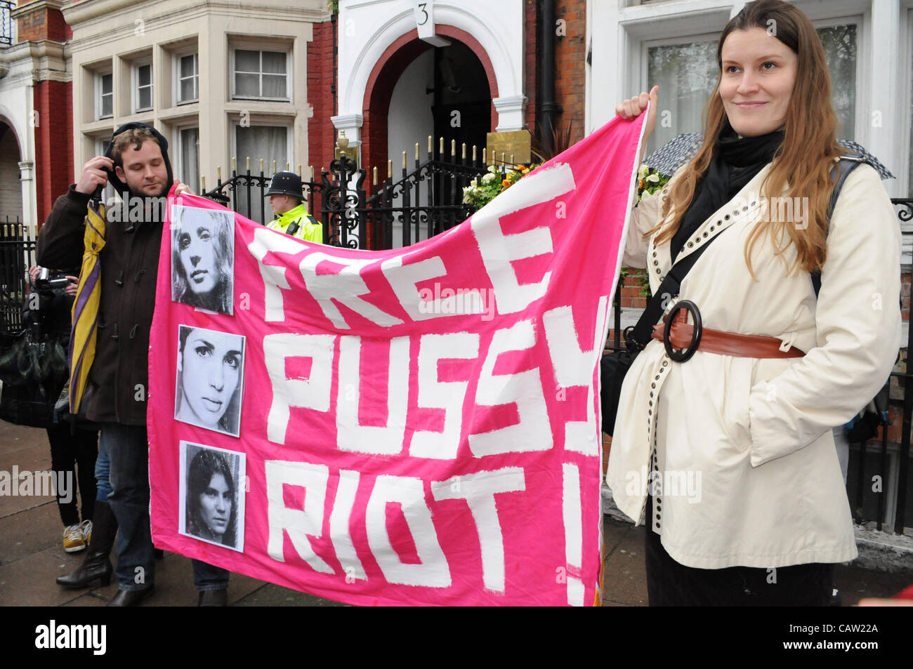 London, UK. 23/04/12. Fans of the imprisoned feminist Russian punk band ...