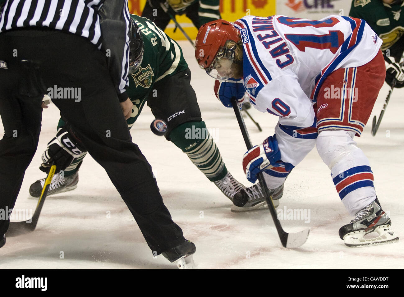 April 24, 2012. Michael Catenacci (10) of the Kitchener Rangers faces ...
