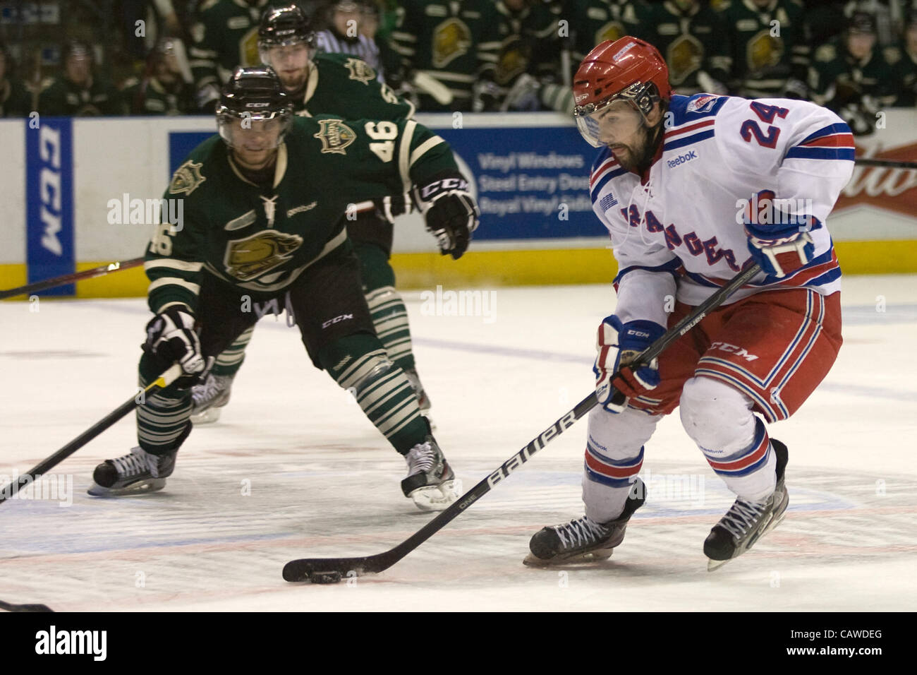 April 24, 2012. Ryan Murphy (24) of the Kitchener Rangers carries the ...