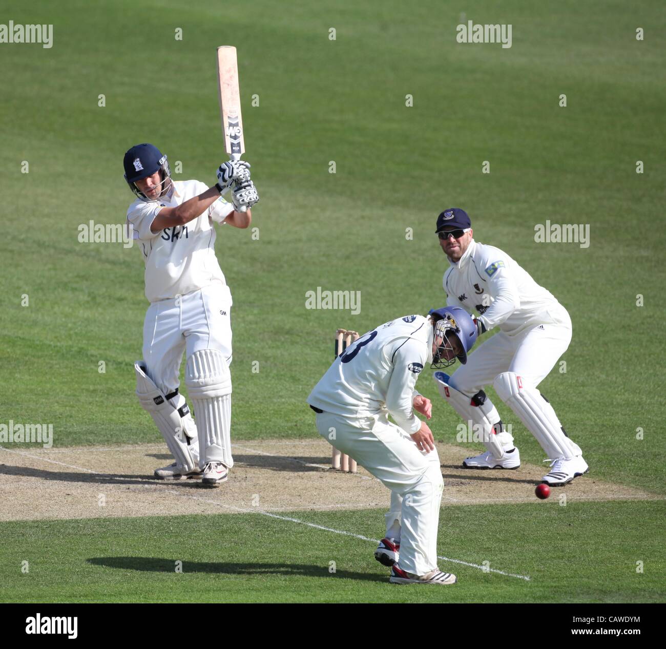 Sussex's Chris Nash takes evasive action as Jonathon Trott hits another ...