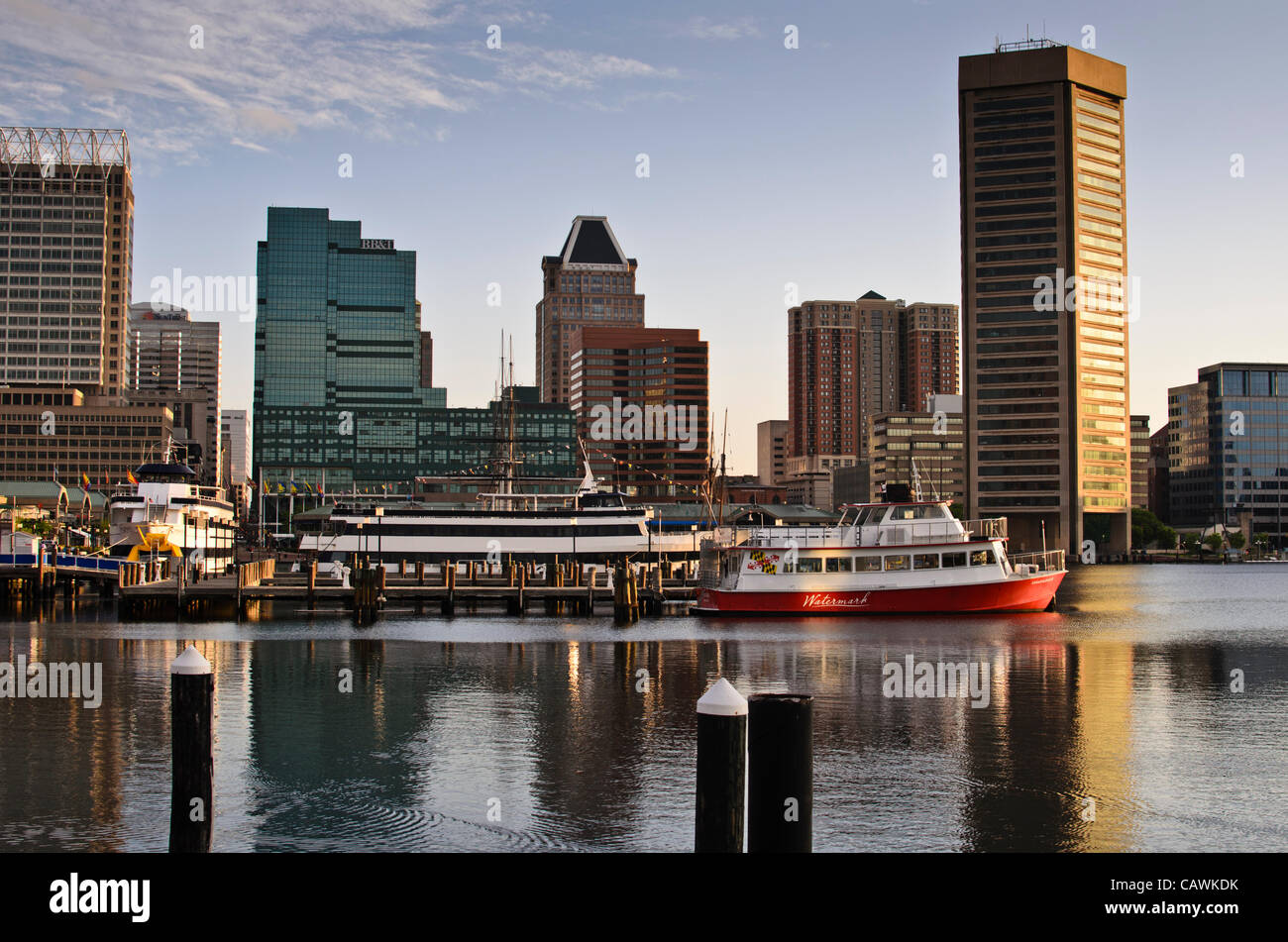 Baltimore skyline seen in the early morning from Baltimore Inner Harbor ...