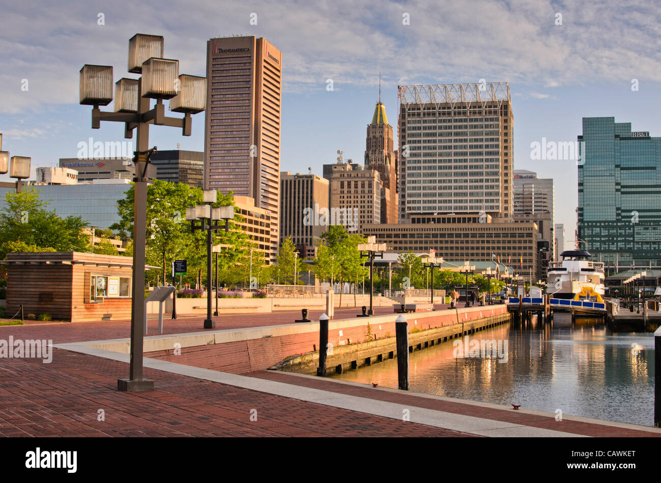 Baltimore skyline seen in the early morning from Baltimore Inner Harbor ...