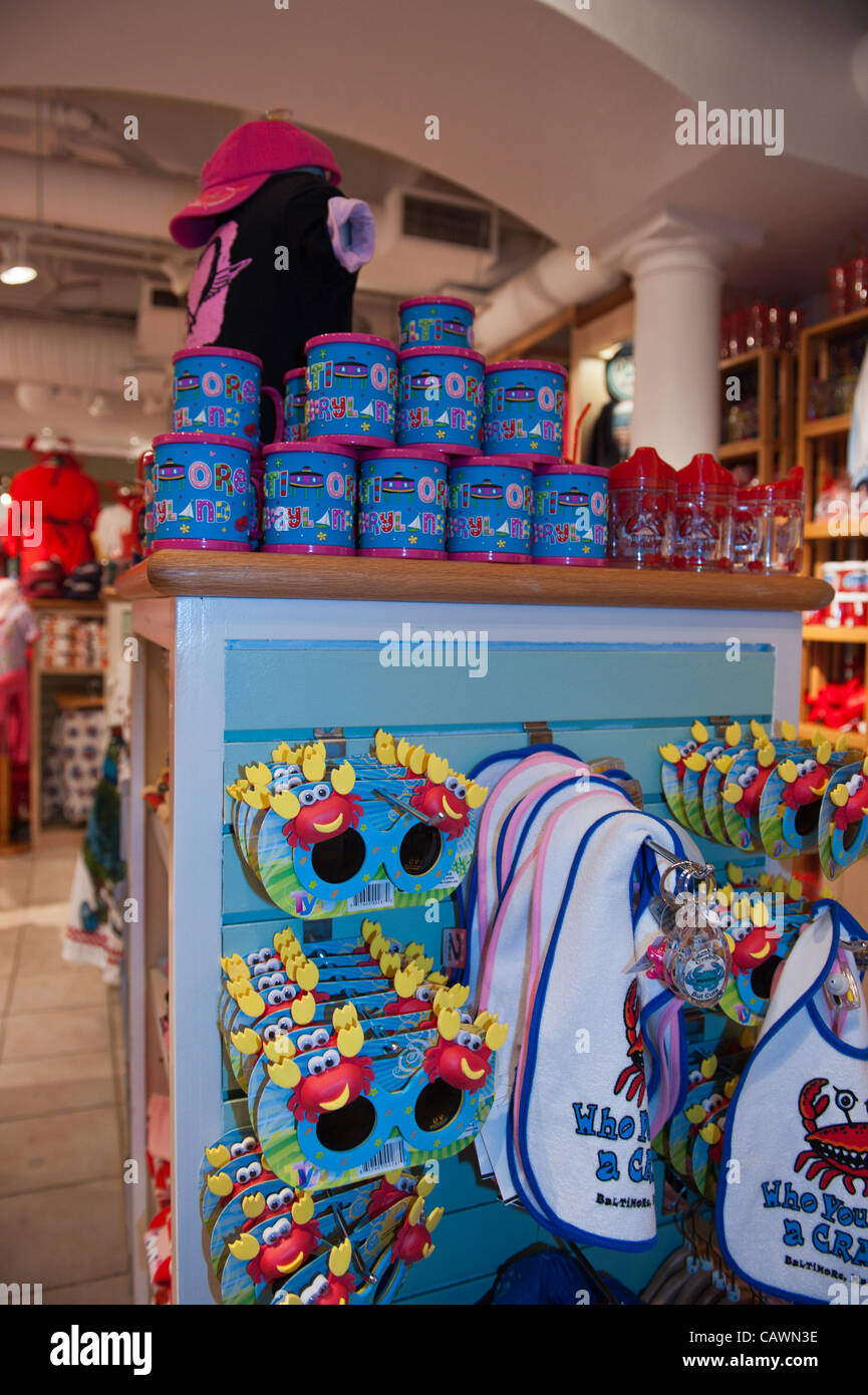 Brightly colored coloured souvenirs on display at a Harborplace Mall ...