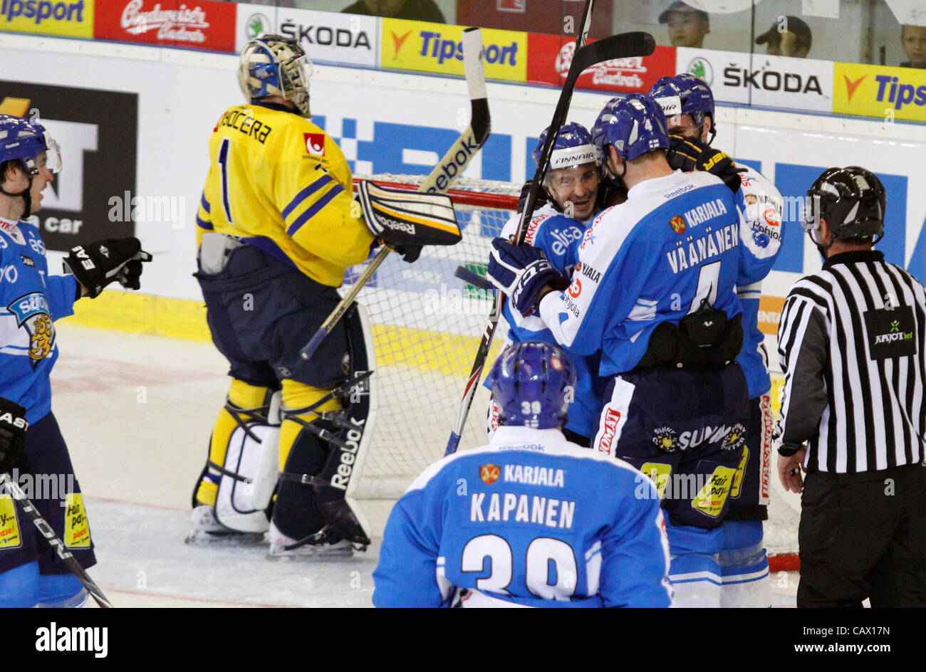 Players of Finland celebrate scoring a goal during the Czech Hockey ...