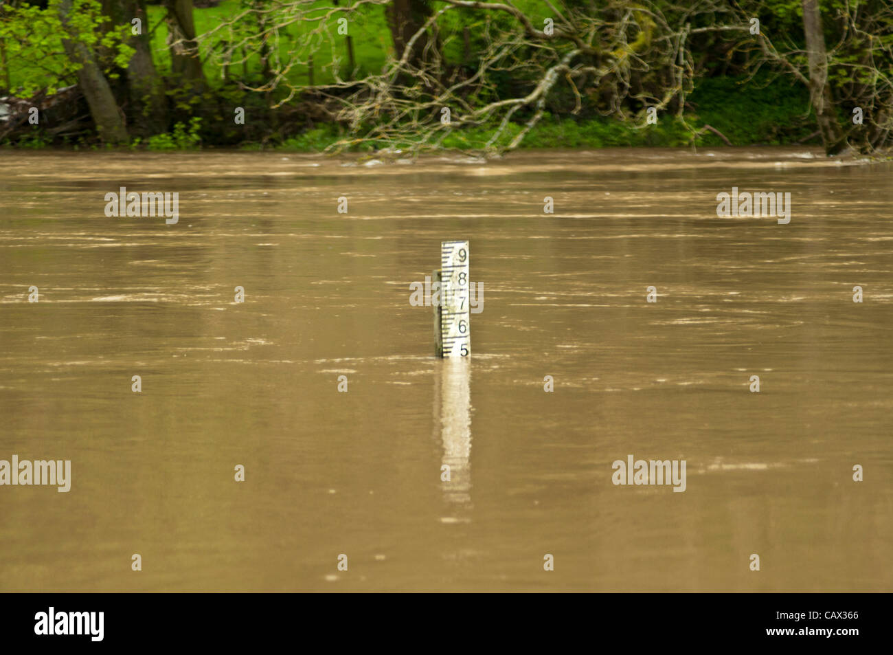 Water level measure meter barely visible in Ironbridge, River Severn ...