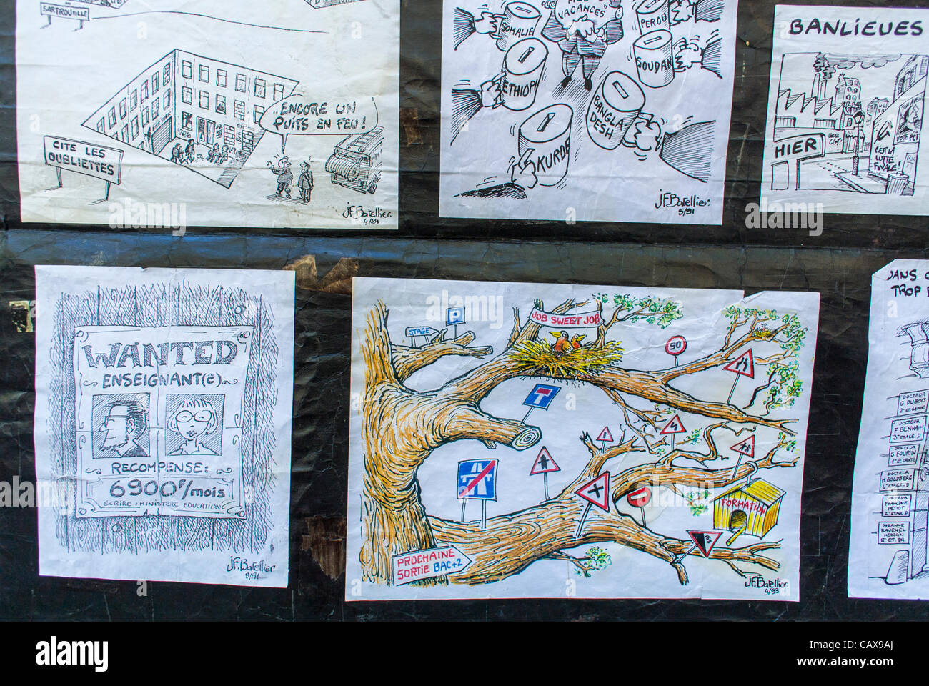 Paris, France, Detail Political Cartoons Artwork Exhibit on Wall on ...